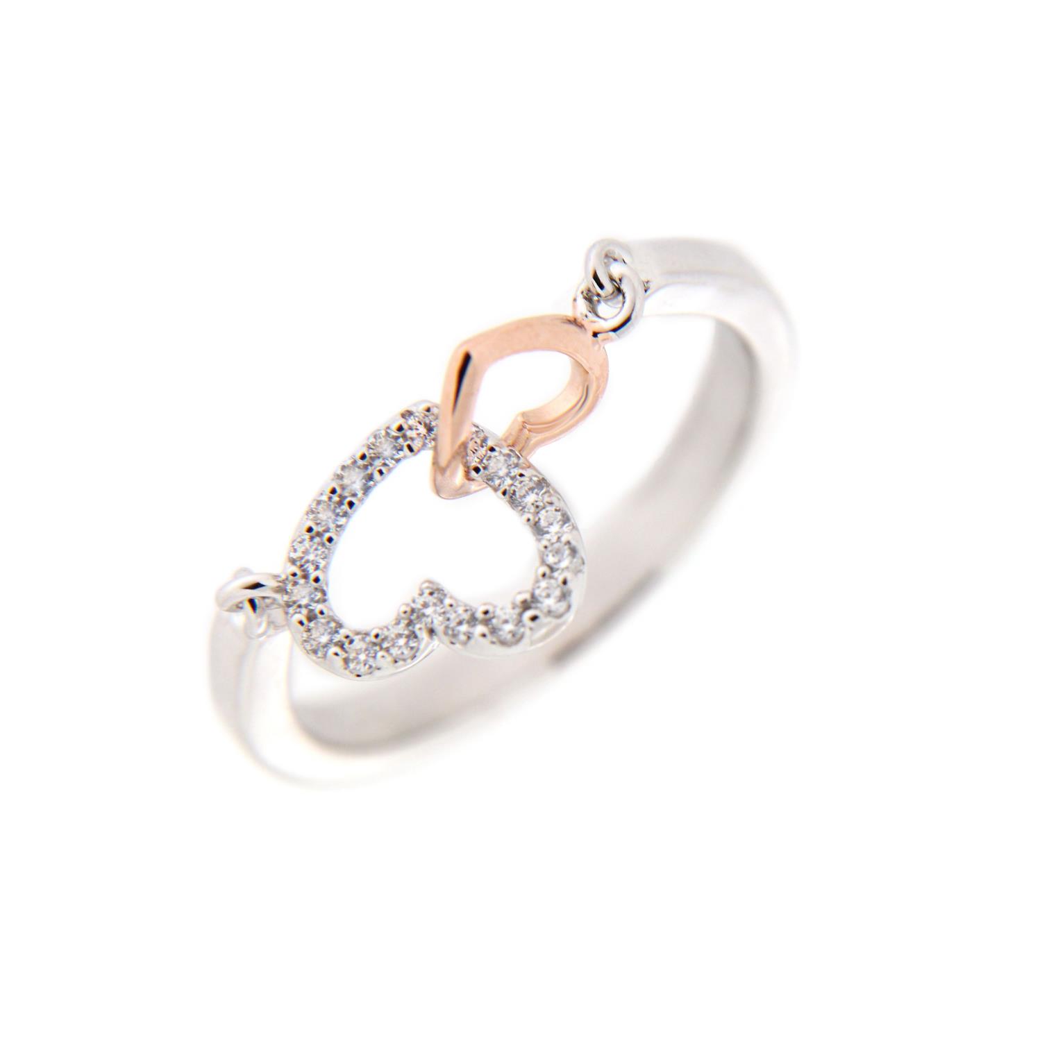 Din Gullsmed. Sølv ring hjerte med Cubic Zirconia og lite rosé hjerte